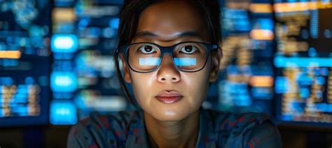 premium photo data reflection on eyeglasses of programmer analyzing