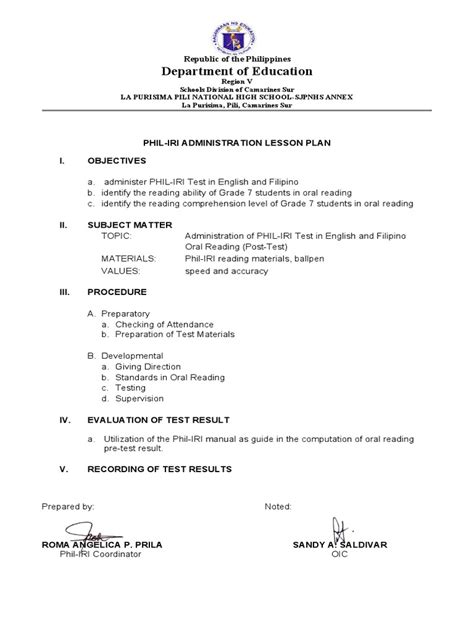 Phil Iri Lesson Plan Pdf Lesson Plan Education Theory