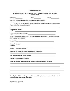 Fillable Online TOWN OF BGRIFTONb FORMAL NOTICE OF INTENT TO FILE A VARIANCE Fax Email Print