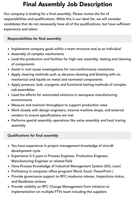 Final Assembly Job Description Velvet Jobs