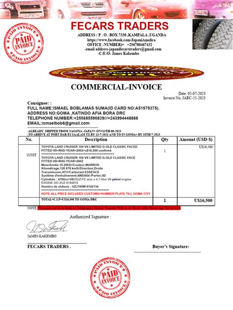 Commercial Invoice T Landcruiser U16500 To Goma City Drc Congo