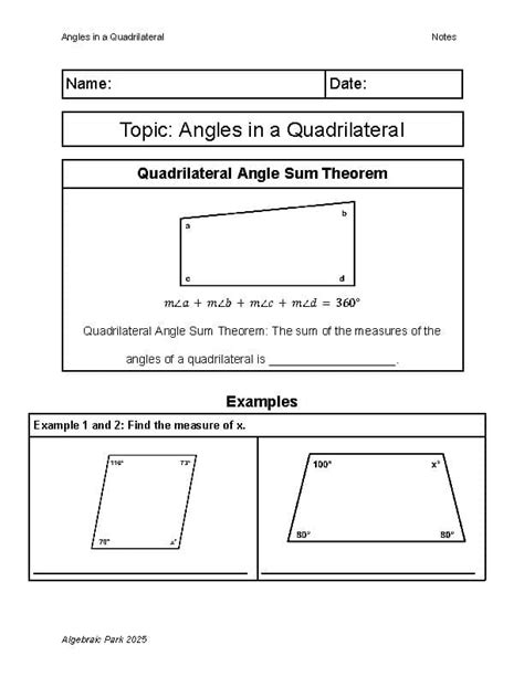 Angles In A Quadrilateral Quadrilateral Angle Sum Quick Notes Tpt