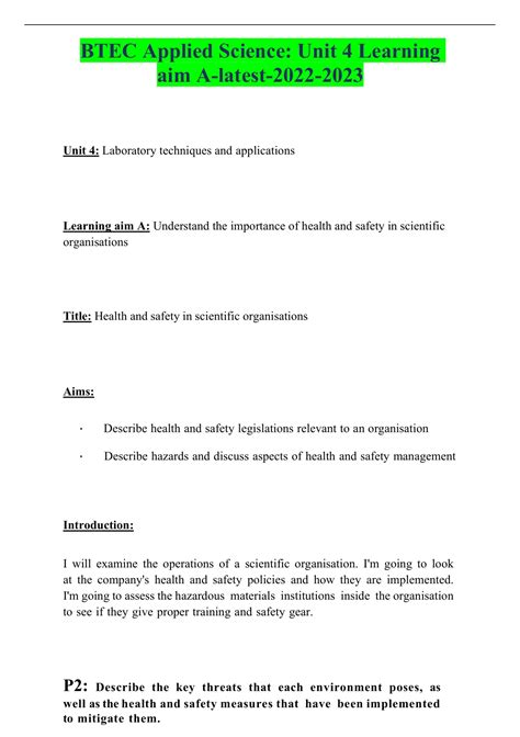 Btec Applied Science Unit 4 Learning Aim A Latest Btec Stuvia Uk