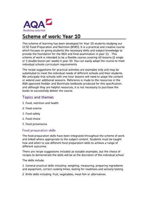 Aqa 8585 Food Prep Yr10 Sow Pdf Carbohydrates Diet And Nutrition
