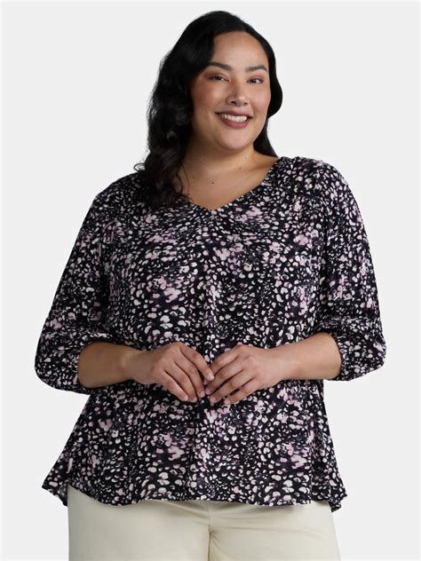 Terra And Sky Womens Plus Size Poet Sleeve Blouse V Neck Allover Print