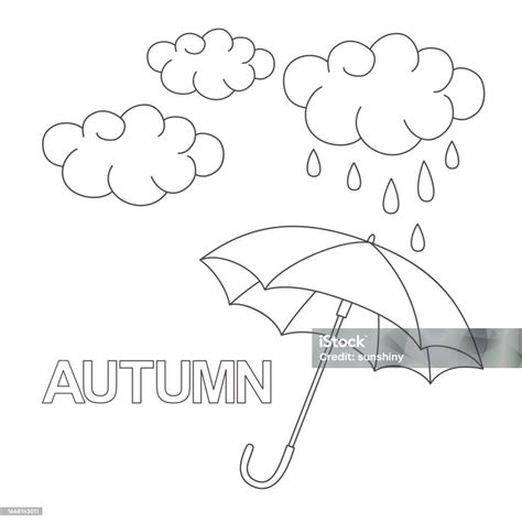 흰색 배경에 손으로 그려진 벡터 색칠 그림 편지 가을 비와 우산과 구름 가을에 대한 스톡 벡터 아트 및 기타 이미지 가을 계절 구름 Istock