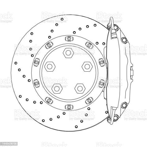 흰색 배경에 격리된 검은색 선에서 브레이크 슈가 있는 자동차 브레이크 디스크의 개요 정면도 3d 벡터 그림입니다 브레이크에 대한 스톡 벡터 아트 및 기타 이미지 Istock