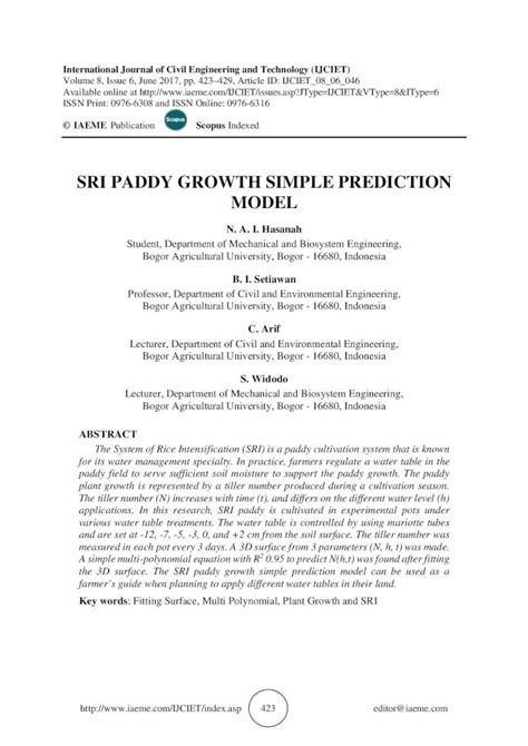 pdf sri paddy growth simple prediction model€¦ · number sri plant