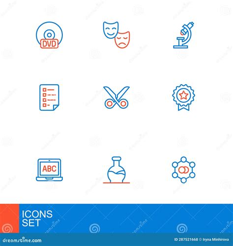 Set Line Molecule Test Tube Laptop Medal With Star Clipboard Checklist Scissors Microscope