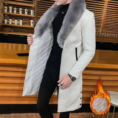 Mens Long Fur Collar Leather Trench Coat Fashionable Winter Jacket