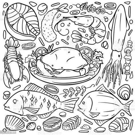 해산물 일러스트레이션 랍스터 게 굴 홍합 오징어 및 새우의 손으로 그린 세트 흰색 배경에 고립 된 해산물 낙서 벡터 일러스트