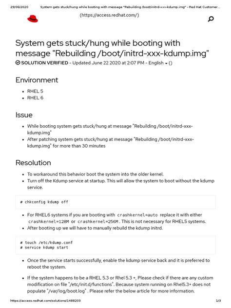 System Gets Stuck Hung While Booting With Message Rebuilding Boot Initrd Xxx Kdump Img