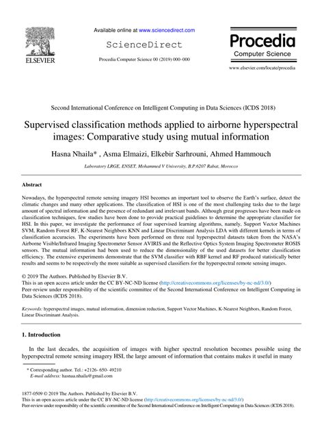 Pdf Supervised Classification Methods Applied To Airborne Hyperspectral Images Comparative