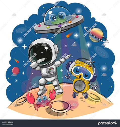 کارتون زیبای فضانورد و ربات در حال رقص روی ماه در پس زمینه فضایی 1694220