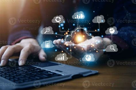 Man Use Laptop With Cloud Computing Diagram Show On Hand Cloud Technology Data Storage