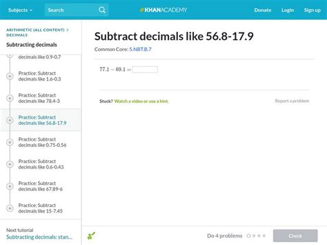 Khan Academy Subtract Decimals 4 Unknown Type For 4th 6th Grade Lesson Planet