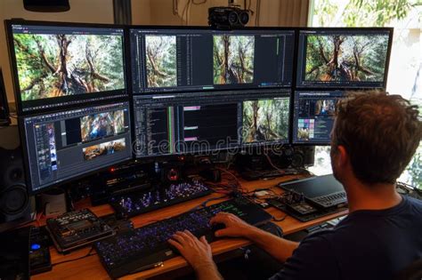 a creative workspace with multiple screens a person is editing videos
