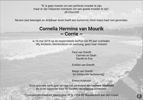 Cornelia Hermina Corrie Van Mourik 16 05 2019 Overlijdensbericht En Condoleances Mensenlinq Nl