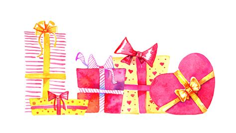 선물 상자의 그룹입니다 손으로 그린 수채화 만화 스케치 그림입니다 빨간색과 노란색 상자 광장과 심장 모양 상자에 대한 스톡 벡터 아트 및 기타 이미지 Istock