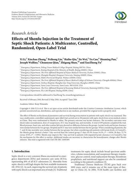 Pdf Effects Of Shenfu Injection In The Treatment Of Septic Shock Patients A Multicenter