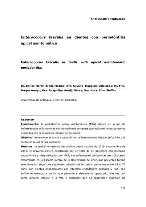 Pdf Enterococcus Faecalis En Dientes Con Periodontitis Apical Asintomática