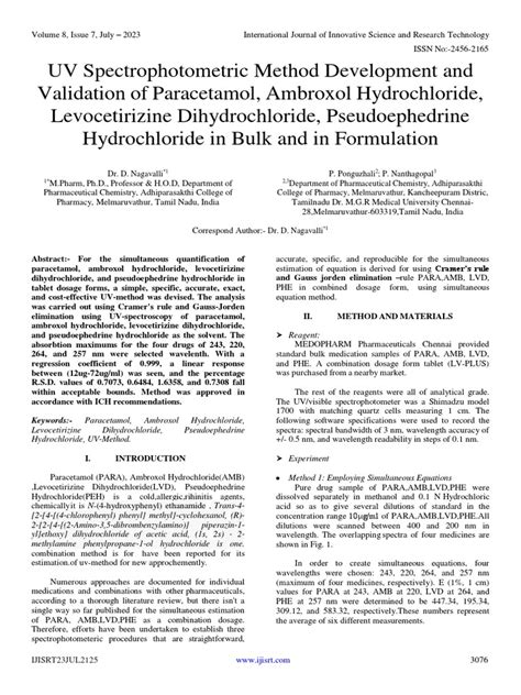 Uv Spectrophotometric Method Development And Validation Of Paracetamol Ambroxol Hydrochloride