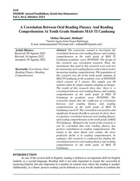 Pdf A Correlation Between Oral Reading Fluency And Reading Comprehension At Tenth Grade