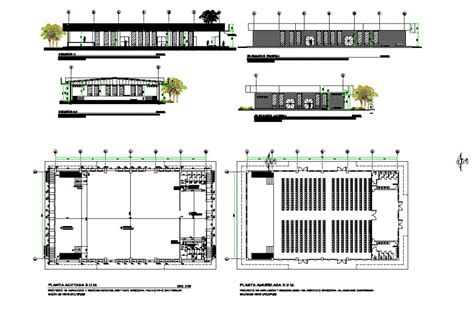 Elevation Plan And Sectional Detail Of Auditorium Building 2d View Cad Block Autocad File