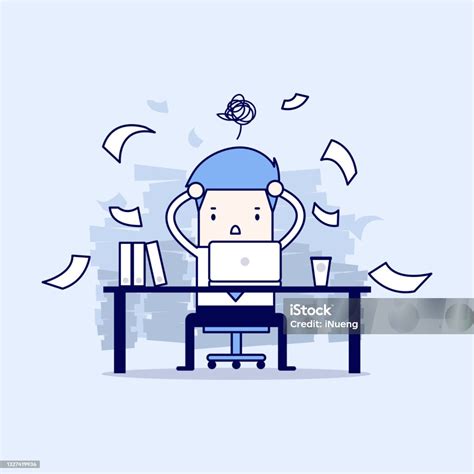 열심히 일하는 사업가의 바쁜 시간 많은 작업 직장에서스트레스 만화 캐릭터 얇은 선 스타일 벡터 과로에 대한 스톡 벡터 아트 및 기타 이미지 Istock