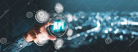 Man Presses Button On Touch Screen Interface And Select Api Icon Stock Image Image Of