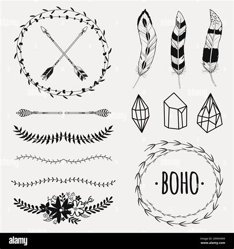Vector Monochrome Ethnic Set With Arrows Feathers Crystals Floral