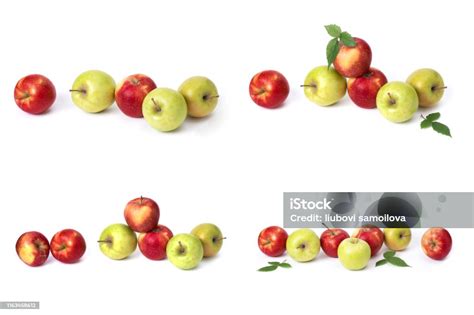 흰색 배경에 빨간 사과 세트입니다 흰색 배경에 노란색 반점이있는 붉은 색의 수분이 많은 사과 육즙이 빨간 사과의 구성 0명에