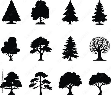 Silhouette Tree Line Drawing Set Side View Set Of Graphics Trees