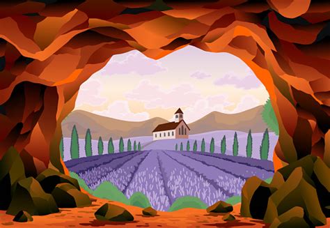 동굴 풍경입니다 동굴 입구의 여름의 자연 풍경입니다 선사 시대 던전 바위 동굴 게임 그림 산에 터널 또는 바위에 광산의 벡터 그림 0명에 대한 스톡 벡터 아트 및 기타