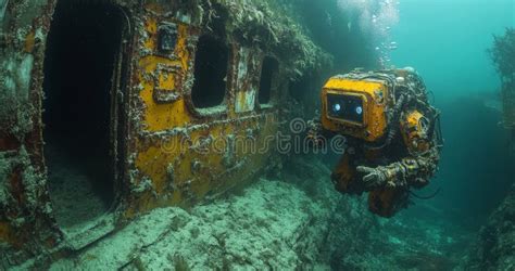 robot submarine explores sunken vessel in deep ocean waters generative