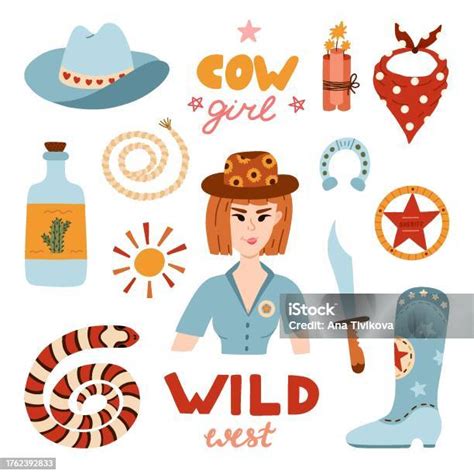 트렌디한 플랫 스타일에 큰 카우걸 세트 손으로 그린 간단한 벡터 일러스트 레이 션 웨스턴 부츠 모자 뱀 선인장 황소 두개골