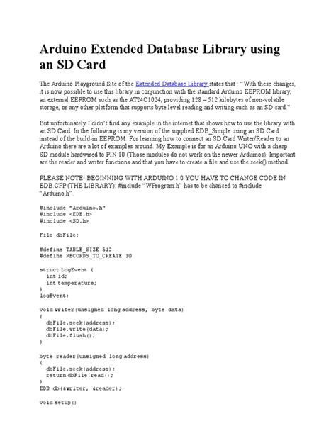 Arduino Extended Database Library Using An Sd Card Pdf Information