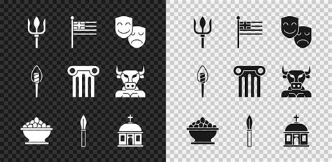 해왕성 삼지창 그리스 국기 희극과 비극 가면 그릇에 올리브 중세 창 산토리니 건물 횃불 불꽃 및 고대 기둥 아이콘을 설정합니다 벡터 Theatrical Performance