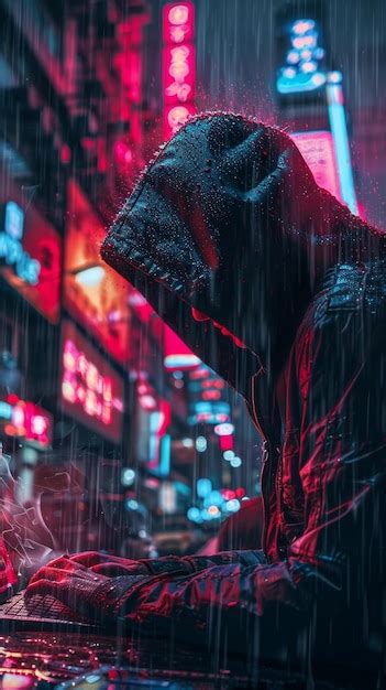 Cyberpunk Hacker In The Rain Premium Ai Generated Image