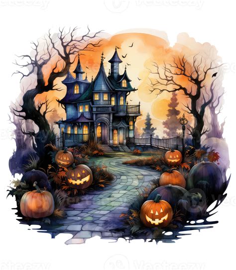 Halloween House With Small Moon And Flying Witch Shade Trees Smiling