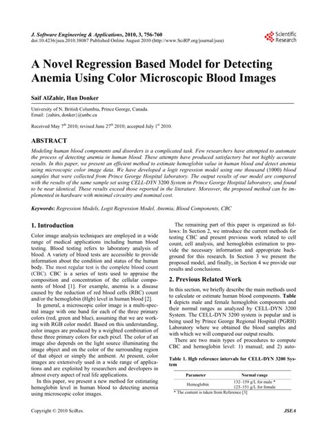 pdf a novel regression based model for detecting anemia using color