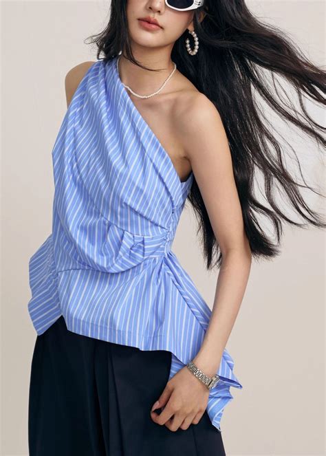 Blue Striped Crinkle Sleeveless Top With Asymmetrical Hem For Women Co