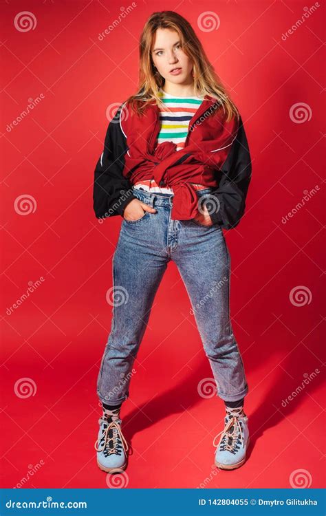 Fashion Portrait Of Trendy Young Woman In Retro Style Clothes Stock