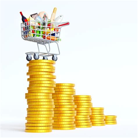 3d 렌더링 식품 인플레이션 Cpi 소비자 물가 지수 상승 그래프에 대한 쇼핑 카트 트롤리 생활비 지표 상승 식품 비용 및 식료품 가격 흰색 배경에 가격 상승 개념