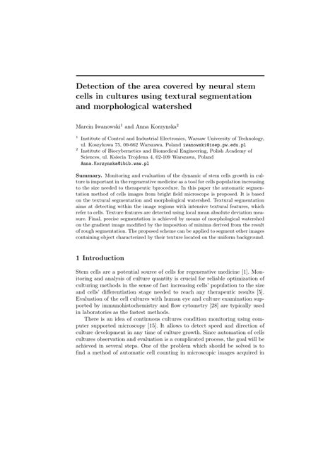 Pdf Detection Of The Area Covered By Neural Stem Cells In Cultures Using Textural Segmentation