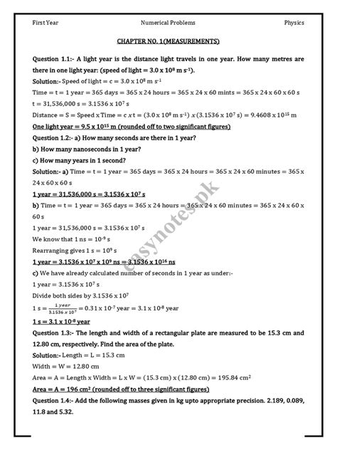 1st year physics chapter 1 solved numericals notes pdf significant