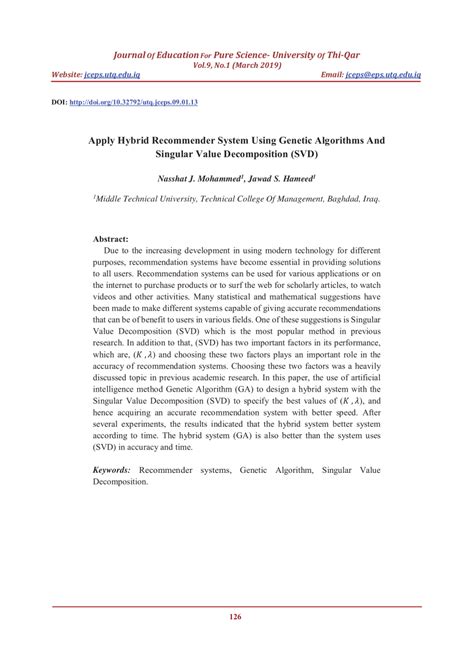 Pdf Apply Hybrid Recommender System Using Genetic Algorithms And
