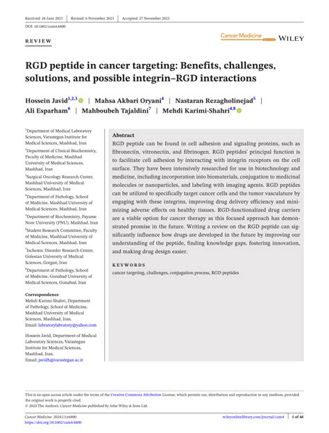 Pdf Rgd Peptide In Cancer Targeting Benefits Challenges Solutions And Possible Integrin
