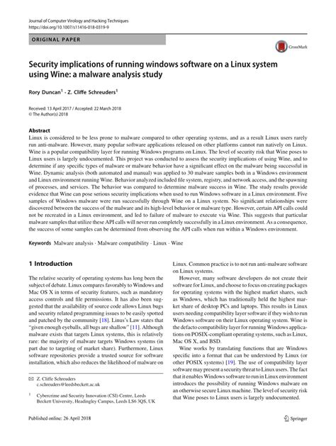 PDF Security Implications Of Running Windows Software On A Linux System Using Wine A Malware