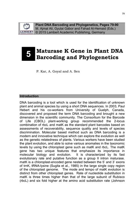 pdf maturase k gene in plant dna barcoding and phylogenetics